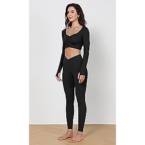 ODODOS Women's Cross Waist Yoga Leggings with Inner Pocket, Non See-Through Workout Running Tights Athletic Pants-Inseam 28", Black, Small