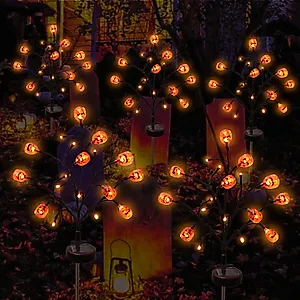 2 Packs 40LED Solar Halloween Pumpkin Stake Lights, 2 Modes Orange Pumpkin Halloween Lights, Waterproof Halloween Pumpkin Decorations for Halloween, Thanksgiving Fall Garden Yard Pathway Walkway