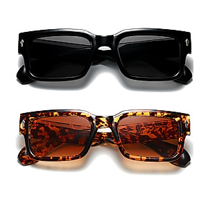 EYLRIM Square Frame Sunglasses for Women Men Trendy Chunky Rectangle Sun Glasses Black Shades UV400 Protection(2 Pack (Black/Grey+Leopard/Gradient Tea))