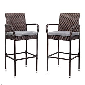 VINGLI Outdoor Wicker Bar Stools Set of 2 with Cushions, Outdoor Bar Chairs Bar Height Tall Patio Chairs, Outdoor Barstools for Garden Pool Lawn Backyard