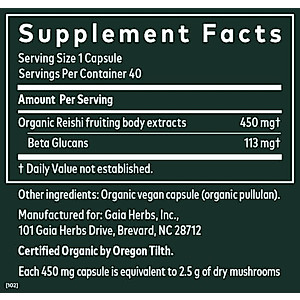 Gaia Herbs Reishi Mushroom - Helps Maintain a Healthy Immune System & Supports Heart Health - Adaptogen Herbal Supplement for Longevity Support - 40 Vegan Liquid Phyto-Capsules (40-Day Supply)
