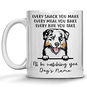 Personalized Blue Merle Australian Shepherd Coffee Mug, Every Snack You Make I'll Be Watching You, Customized Dog Mugs for Mom Dad, Gifts for Dog Lover, Mothers Day, Fathers Day, Birthday Presents