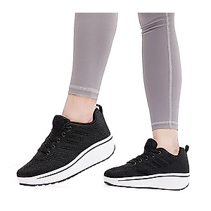 WUIWUIYU Womens Outdoor Casual Wedge Platform Mesh Lace-Up Sport Athletic Rocker Shoes Trainers Sneakers Black Size 5 M US