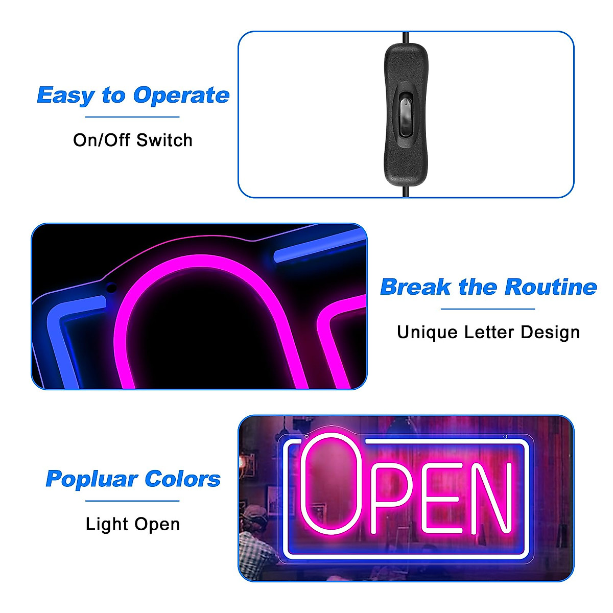 Neon Open Signs for Business, Super Bright LED Open Sign, Open Neon Sign 16''x 8'' (Blue&Pink), with ON/OFF Switch & Adapter, Neon Light Up Sign for Window Party Wall Store Shop Bars Coffee Salon Club