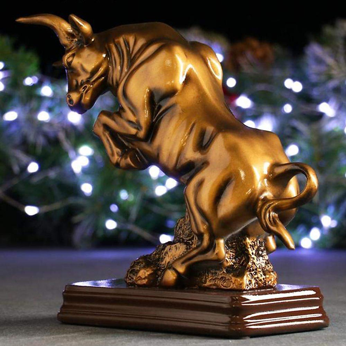 Charging Bull Statue with Brown Pedestal Base Made of Gold-Finished Polystone - Bull Market Figurine Wallstreet Bull