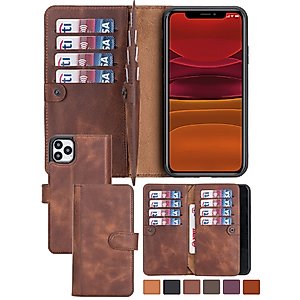 HARDISTON Premium iPhone XR Bi-Fold Wallet Case, Handmade Genuine Leather, Detachable Magnetic Flip Cover with Card Holders, Customizable, Double Fold Phone Case, Kickstand, Wireless Charging (Brown)