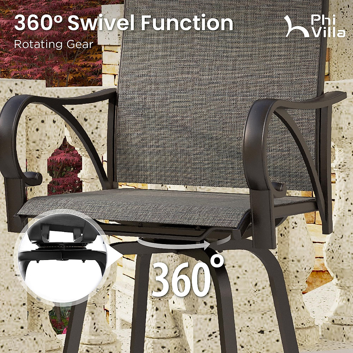 PHI VILLA Outdoor Swivel Bar Stools Set of 4, High Top Patio Bar Stools & Chairs with Armrest & Textilene Fabric for Outside, Grey