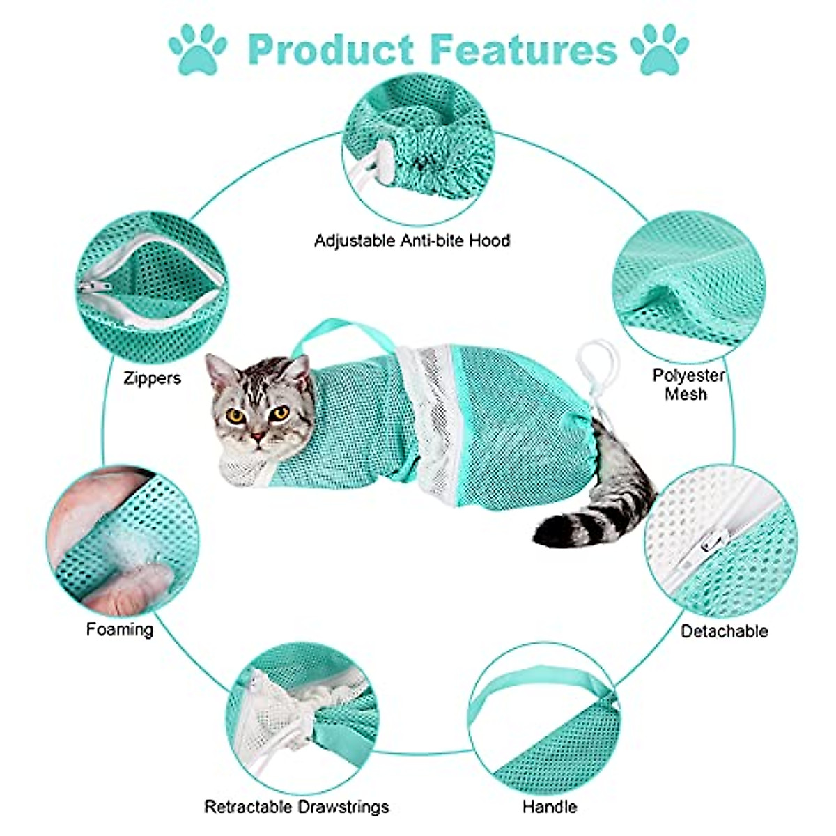 Cat Bag for Bathing 8 PCS Set with Cat Shower Net Bag Adjustable Pet Grooming Brush Nail Clipper Nail File Hair Combs Tick Tool Nail Caps, Nail Trimming Bath Cleaning Supplies Kit for Cats & Dogs