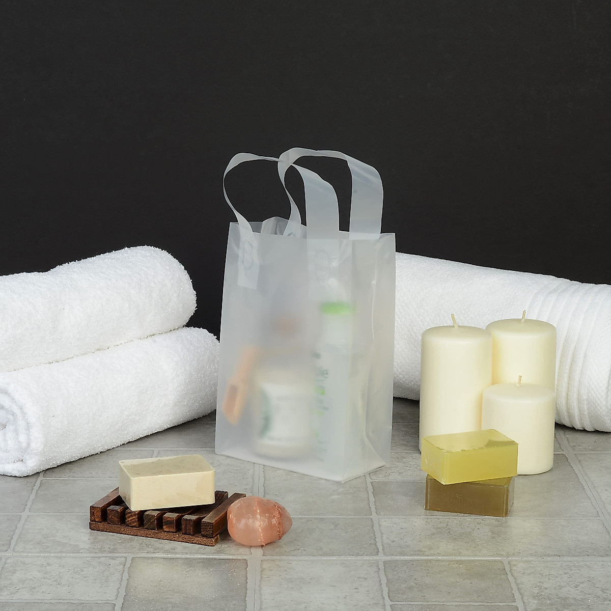 Prime Line Packaging Clear Gift Bags with Handles, Frosted Plastic Shopping Tote for Girls, Small Business, Boutiques, Retail, Bulk, 6x3x9 100 Pack