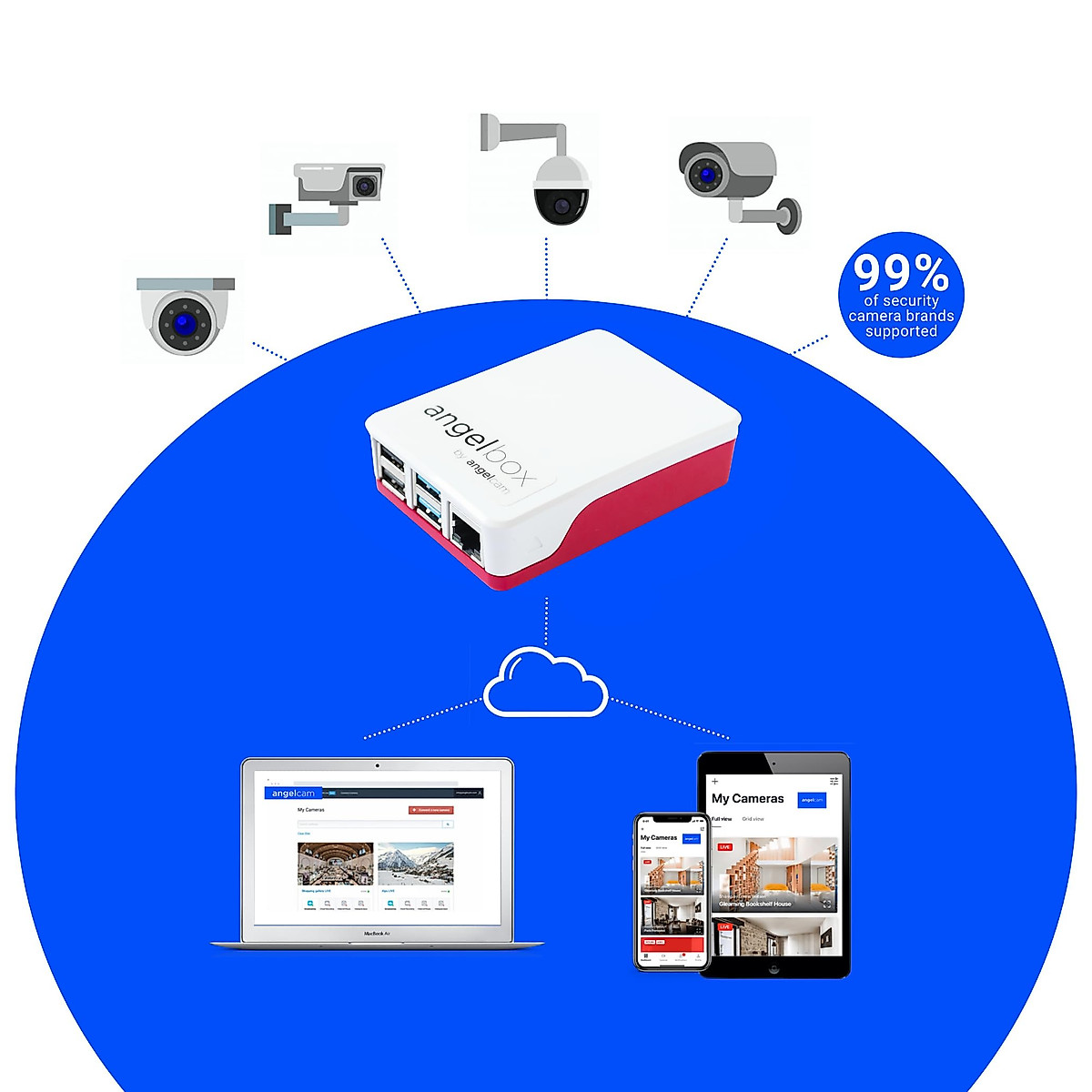 AngelBox detects and Connects All Your Security Cameras (99% Compatible), Making Setup Quick, Secure, and Reliable. It Supports up to 10 IP Cameras and Serves as a DVR/NVR Backup Alternative.