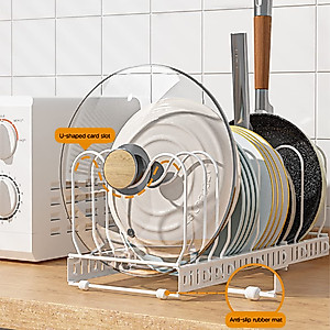 Expandable Pot and Pan Organizers Rack,Pans and Pots Lid Organizer Rack Holder, Kitchen Cabinet Pantry Bakeware Organizer Rack Holder with Adjustable Compartments (WHITE/7Partition)