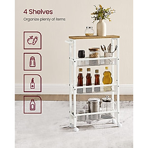 VASAGLE Slim Rolling Cart, 4-Tier Storage Cart, Narrow Cart with Handle, 5.1 Inches Deep, Metal Frame, for Kitchen, Dining Room, Living Room, Home Office, Oak Beige and Classic White ULRC032W09