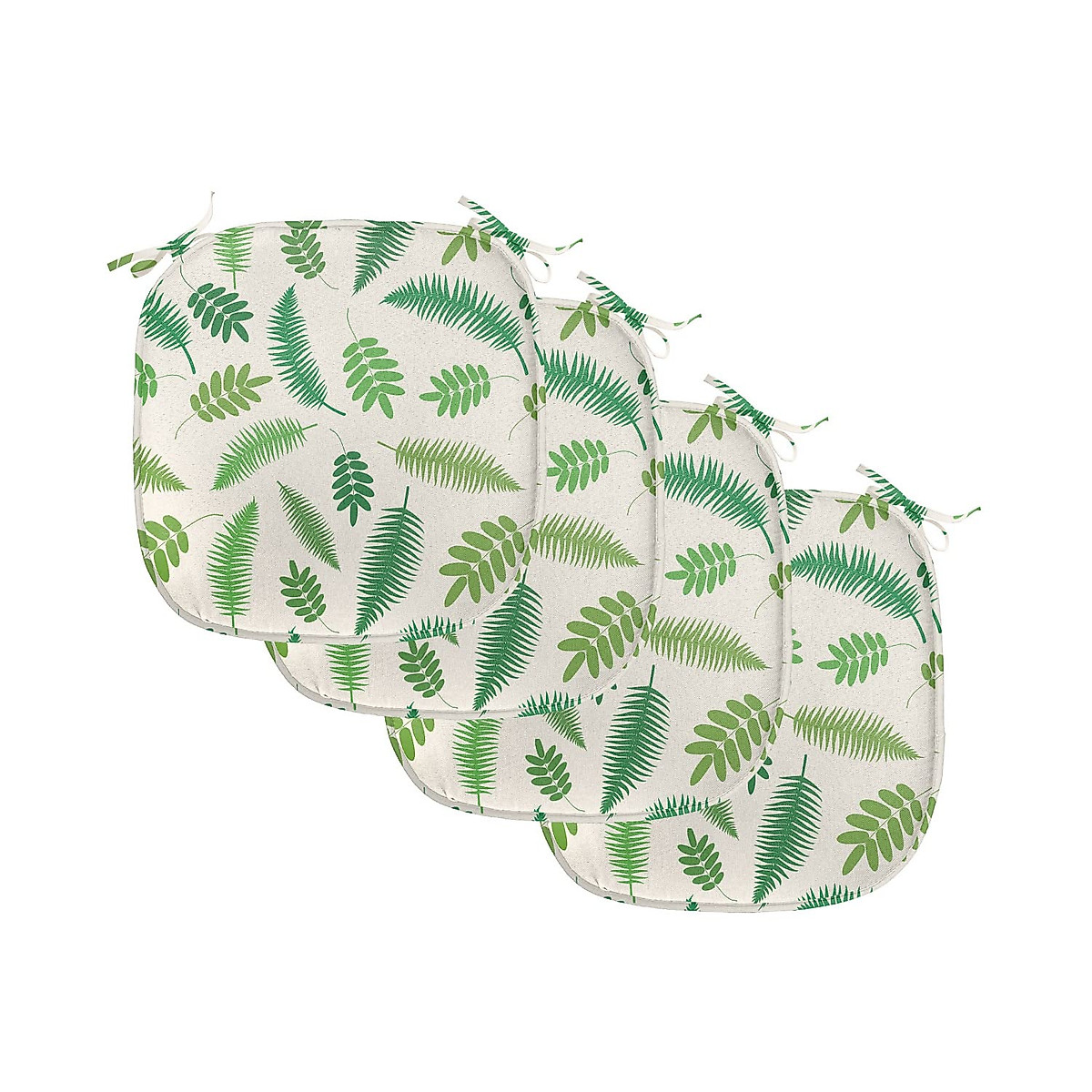 Lunarable Fern Pattern Chair Seating Cushion Set of 4, Nature Botanical Design Art Image Various Style Fronds Illustration, Anti-Slip Seat Padding for Kitchen & Patio, 16"x16", Ivory and Lime Green