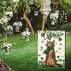 AVOIN colorlife St Patricks Day Welcome Cat Garden Flag 12x18 Inch Double Sided, Shamrock Lucky Clover Rustic Holiday Yard Outdoor Flag