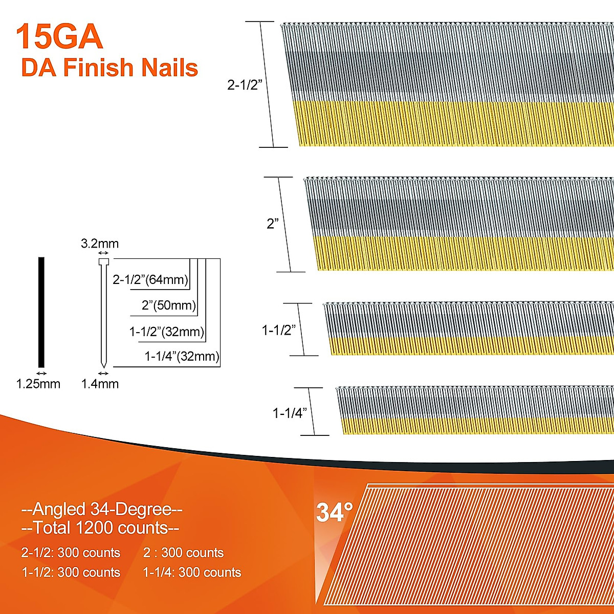 PINOZE 15 Gauge DA Angled Finish Nails, 34-Degree, 1200-Pack (2-1/2", 2", 1-1/2", 1-1/4" 300 Per Sizes), Galvanized Assorted Size Project Pack, for Pneumatic, Electric Angled Finish Nailer Gun