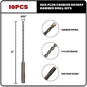 Sabre Tools 10-Pack 5/32 Inch x 6 Inch SDS Plus Rotary Hammer Drill Bits, Carbide Tipped for Brick, Stone and Concrete (5/32” x 4" x 6")