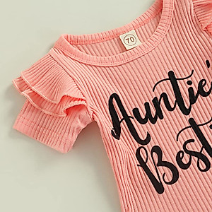 Newborn Baby Girl Auntie Outfits Auntie's Bestie Short Sleeve Ribbed Romper Floral Shorts Clothes with Headband (A-Pink, 3-6 Months)