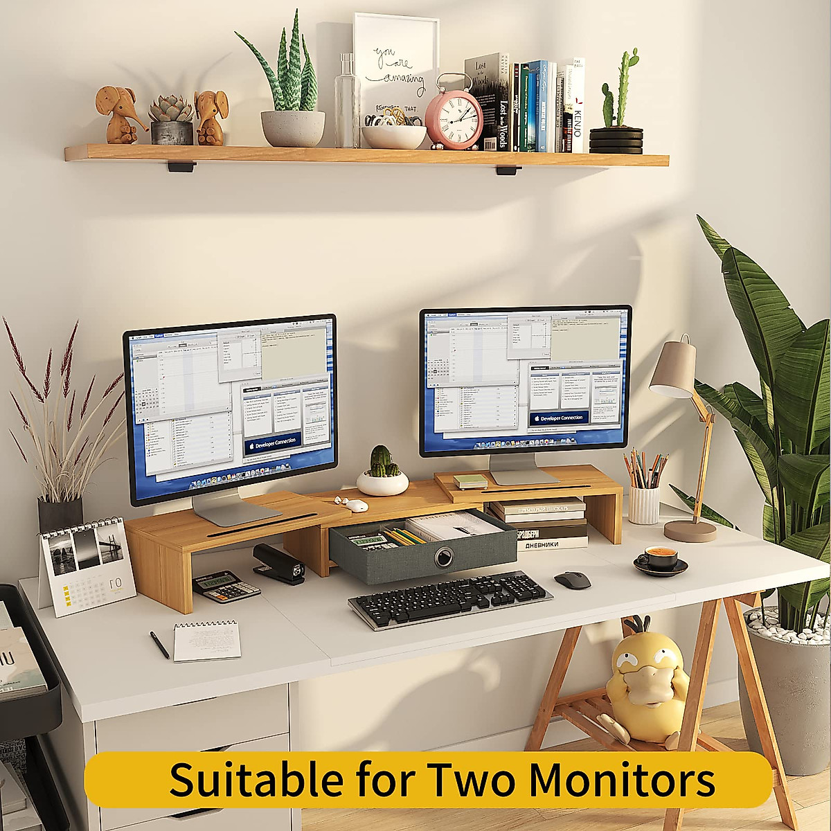 WESTREE Dual Monitor Stand Riser with Drawer-Monitor Stand Riser for 2 Monitors, Adjustable Length and Angle, 2 Phone Hold,Desktop Organizer Stand for Computer/Laptop/PC/Printer
