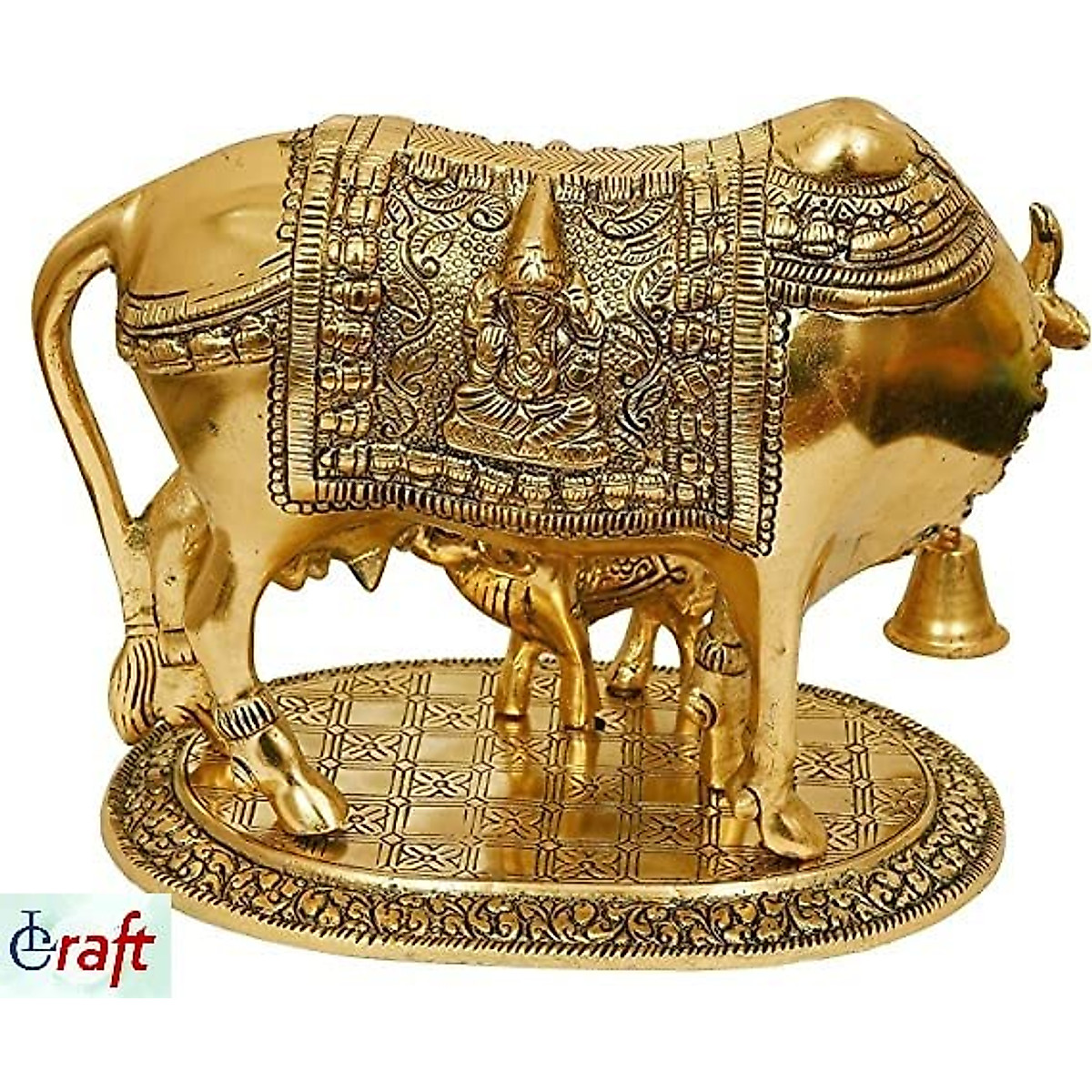 LCRAFT Brass Murti Kamdhenu Cow & Calf | Nandi Cow Decorative Showpiece | Cow with Calf Statue Idol for Diwali II Wedding II Pooja Room II Temple II Gifting | Gold and Silver (14 x 8 x 12.5 cm