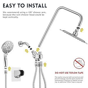 Ryamen Dual Shower Head Combo, 8'' High Pressure Rain/Rainfall Shower Head,5 Settings Adjustable Handheld Showers,with 15" Height Adjustable Slide Bar,Holder/Hose, Angle Adjustable, Chrome