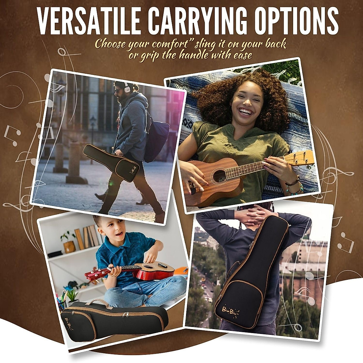 Flexzion Ukulele Gig Bag - Uke Backpack Storage Soft Case Waterproof w/Carrying Handle, Pocket & Adjustable Shoulder Strap, Music Accessories for Concert Tour Travel, Black, 26 in., Tenor