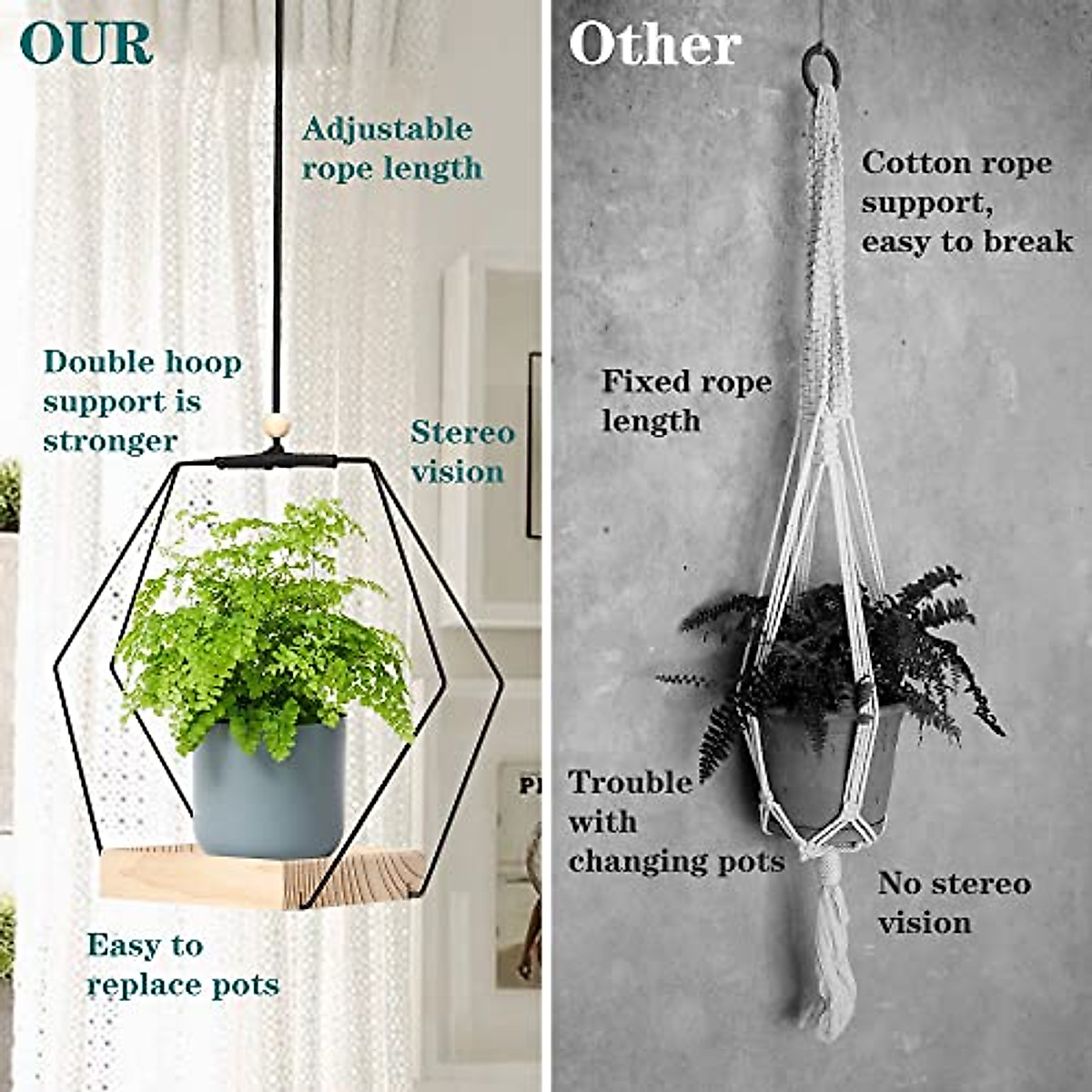 Kitypartsy Plant Hanger with Wood Base - Hanging Plant Holder, Hanging Planter/Pot for Indoor Plants Boho Macrame for Wall/Window/Room Decor, Black - Hexagon (Planter/Plants Not Included)