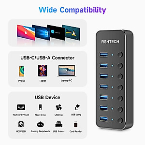 Powered UBS Hub, RSHTECH 7 Port USB 3.0/USB C Hub Upgraded Version Aluminum USB Hub with 2-in-1 USB Cable,5V 3A Power Adapter and Individual Switches, USB Port Expander Hub for Laptop and PC, RSH-ST07