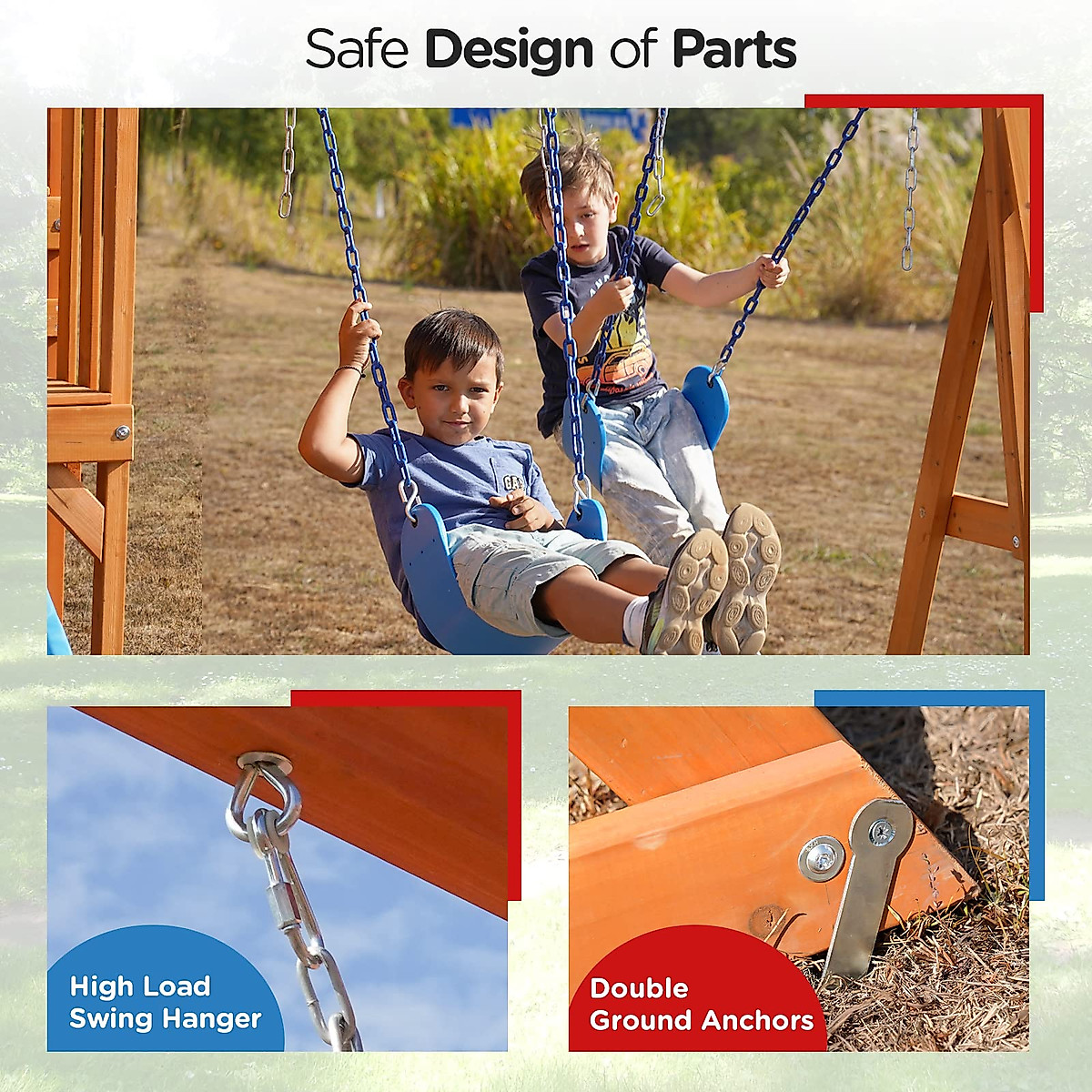 Dolphin Playground Wooden Swing Sets for Backyard with Sandbox, Outdoor Playset for Kids with 6FT Wave Slide, Rock Climbing Wall, 2 Belt Swings, and Fort, Heavy Duty Playground Accessories, Kids 2-10