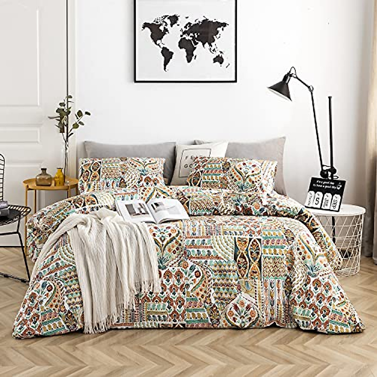 YuHeGuoJi Beige Paisley Duvet Cover Queen 100% Cotton Rust Floral Duvet Cover 3 Pcs Set 1 Exotic Boho Damask Patterned Duvet Cover with Zipper Ties 2 Pillowcases Bohemian Flower Bedding Set Soft