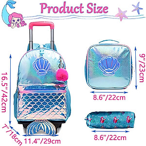 Oruiji Mermaid Rolling Backpack for Girls Rolling Backpack for School Backpack with Wheels for Girls Roller Backpack for Elementary Girls with Lunch Box
