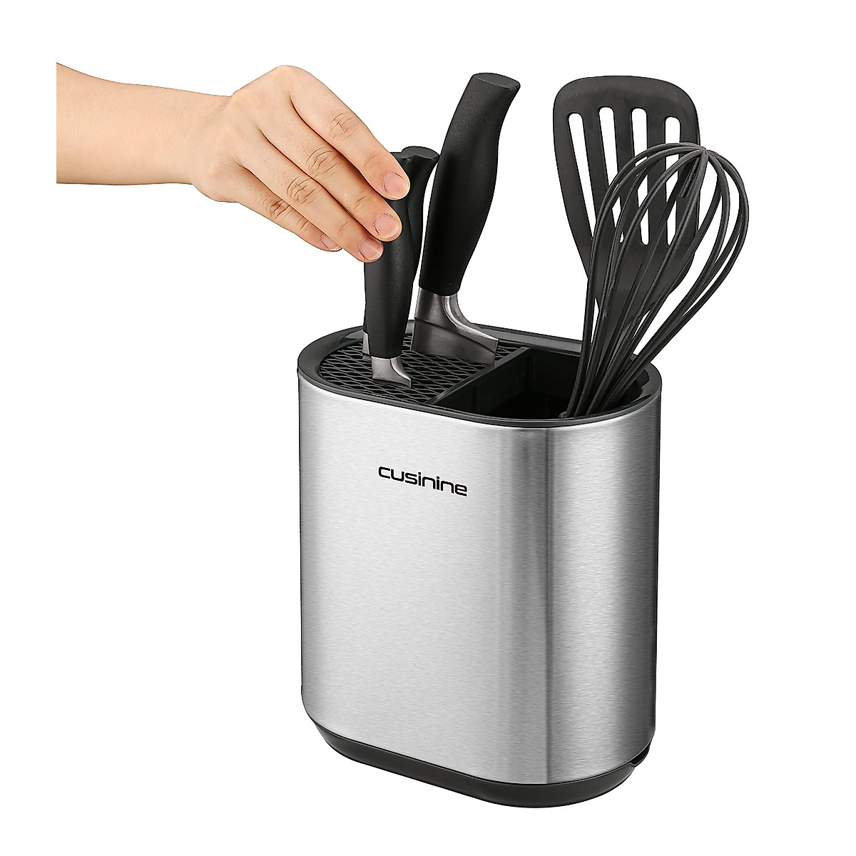 Knife Block and Utensil Holder for Kitchen Counter Storage Organization, Stainless-Steel Holder with Built-In Water Drip Tray