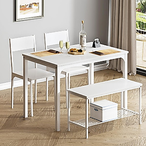 soges 4 Person Dining Table Set,43.3 inch Kitchen Table Set for 4,2 Chairs with Backrest,2-Person Bench with Storage, White Rack,Nesting Furniture Set for Dining Room and Restaurant, White