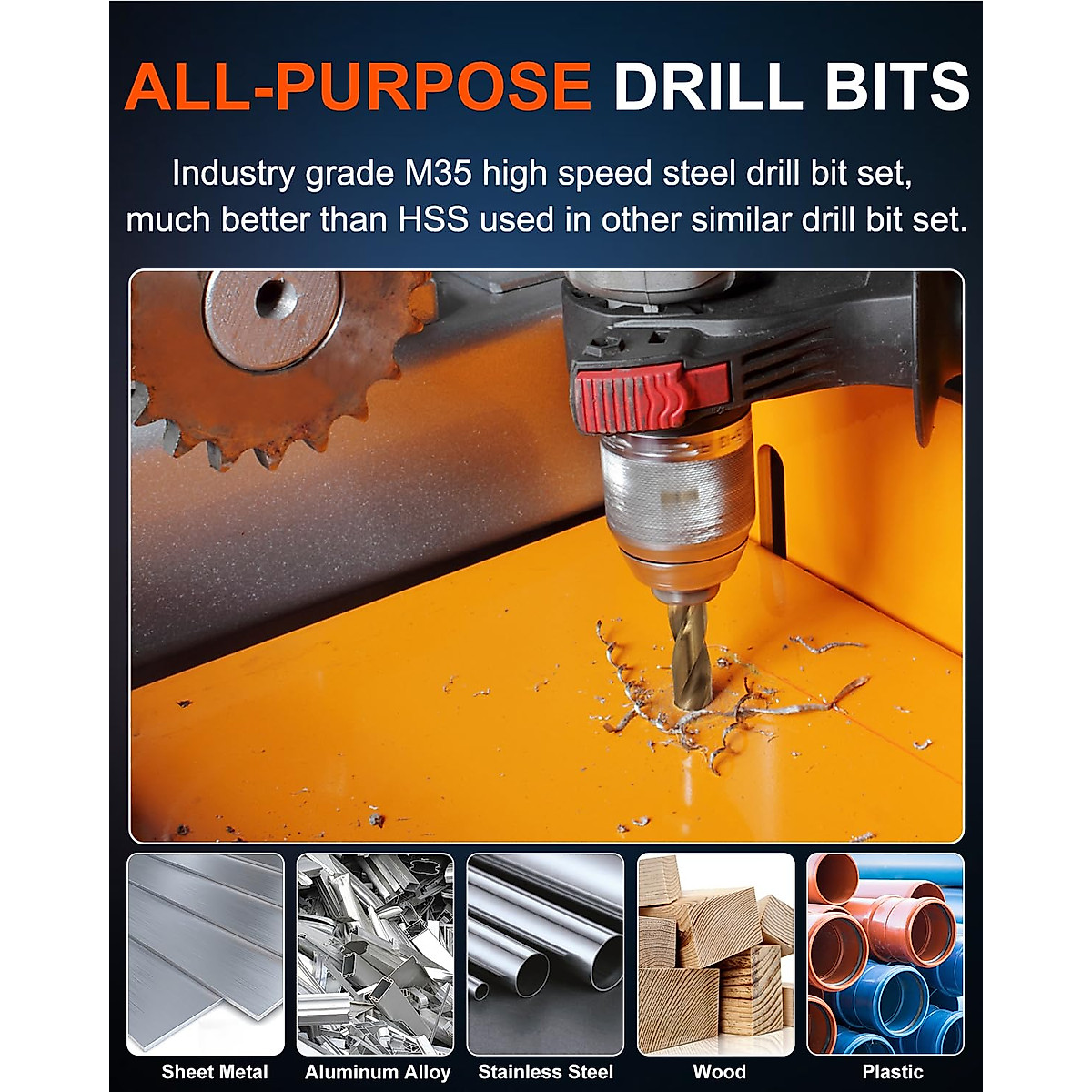 COMOWARE Cobalt Drill Bit Set- 115Pcs M35 High Speed Steel Twist Jobber Length for Hardened Metal, Stainless Steel, Cast Iron and Wood Plastic with Metal Indexed Storage Case, 1/16" - 1/2"