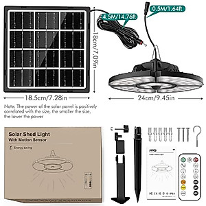 CLY Solar Shed Light Indoor Outdoor 152LED Motion Sensor Pendant Light 1000LM, Dimmable 2500K-6500K Remote Control 5 Modes Timer Memory Function Hanging Solar Lights for Garage Barn Patio Gazebo