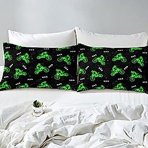 Motorbike Kids Sheet Twin Size,Extreme Sports Games Bedding Set,Girls Boys Adults Room Decor,Motorcycle Racing Modern Fashion Black Green Neon Bed Sheet Set 3pcs(Fitted + Flat + 1 Pillowcase)