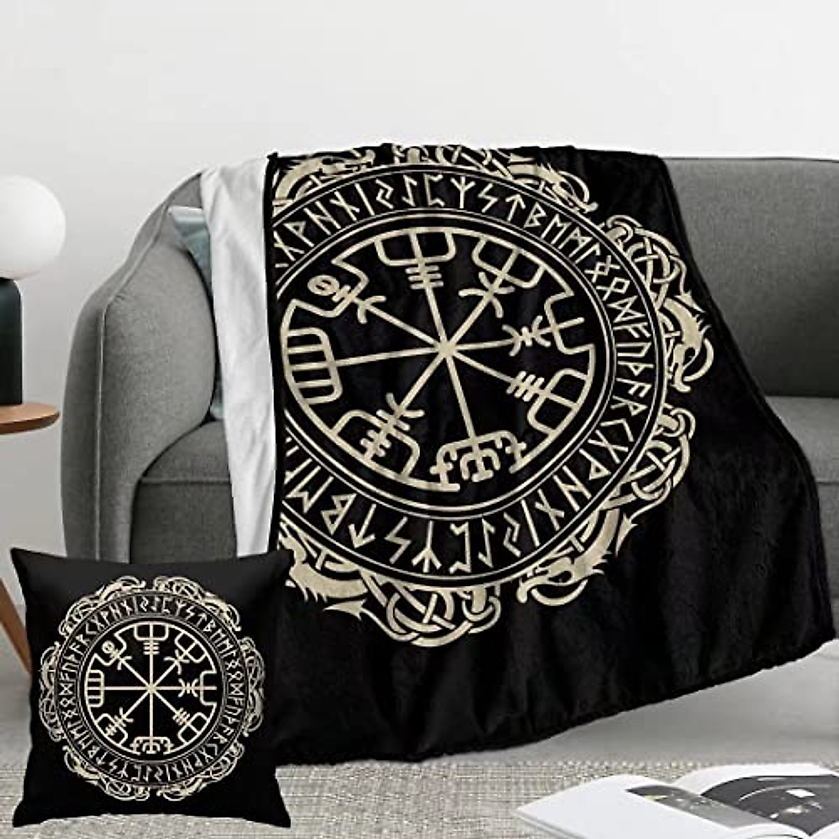 Viking Throw Blanket 60x50 Inch, Viking Design Magical Runic Compass Lightweight Soft Microfiber Throw Blanket with 18x18 Inch Pillowcase Perfect for Bed and Sofa