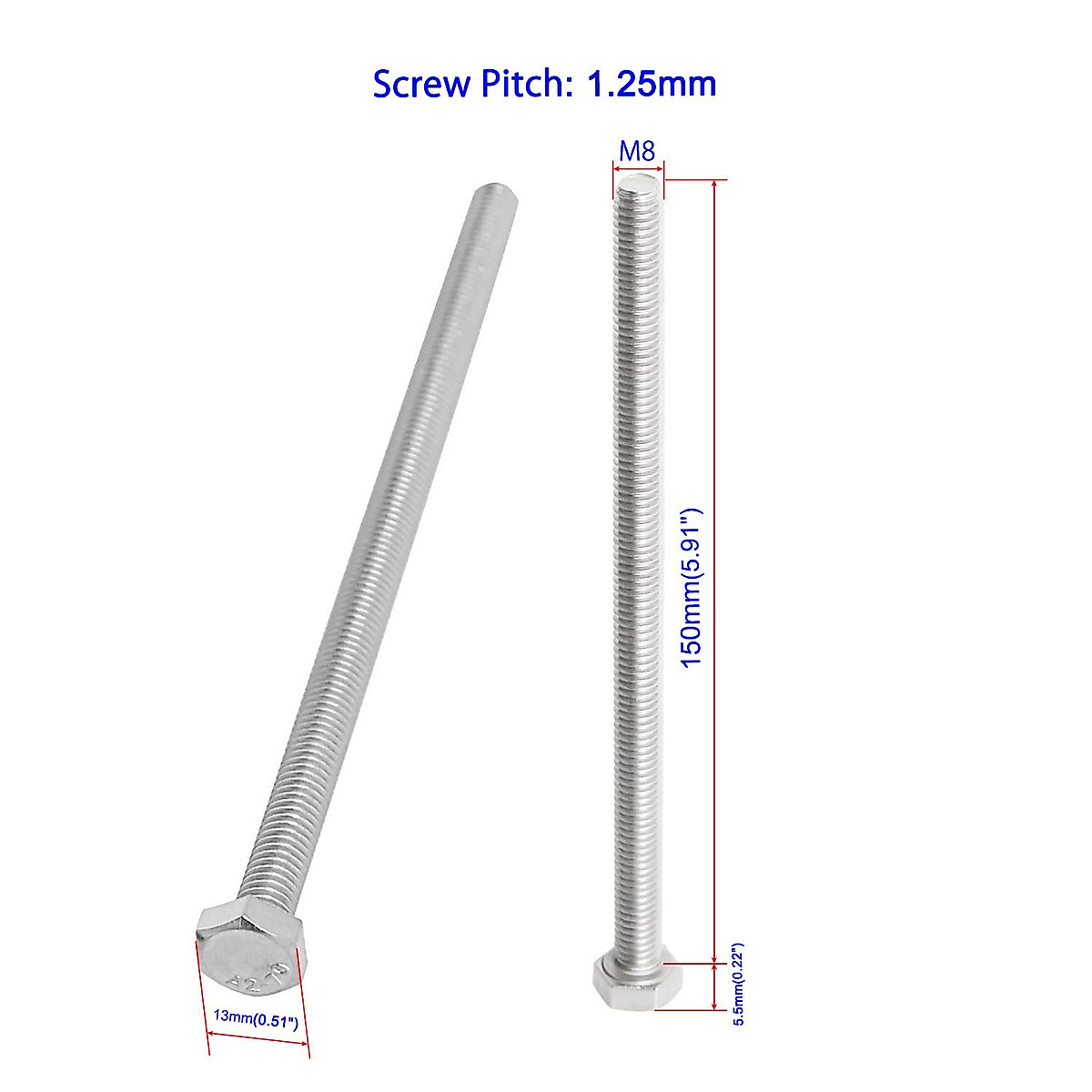 Ohamtes 4 Pcs, SUS304 M8 x 150mm Hex Head Bolts Screws, Strength Grade A2-70 (Grade 5.8), Fully Threaded Plain Finish