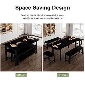 Feonase 5-Piece Dining Table Set for 4-8 People, 63" Large Extendable Kitchen Table Set with 2 Benches and 2 Square Stools, Dining Room Table with MDF Wood Board, Easy Assembly, Black