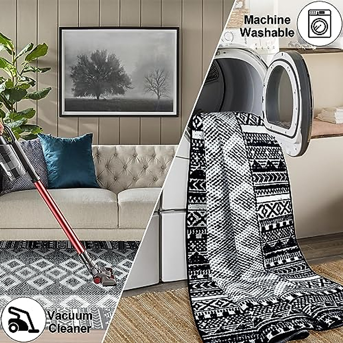 Seavish Boho Living Room Rugs 5x7 Black Area Rug for Bedroom Low Pile Stain Resistant Ultra-Thin Distressed Rug Moroccan Geometric Neutral Area Rug for Nursery Kids Room Dorm Home Decor