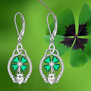 St Patricks Day Earrings Shamrock Earrings for Women Four Leaf Clover Sterling Silver Irish Celtic Claddagh Green Shamrock Dangle Lucky Jewelry Gifts