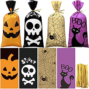 100 Pcs Halloween Candy Gift Bag Halloween Cellophane Bag Halloween Colorful Candy Bag Plastic Trick or Treat Cookie Goodie Bag with Twist Ties Halloween Treat Party Favor, Pumpkin, Cat, Skull, Spider
