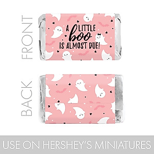 Pink A Little Boo is Almost Due Girl Baby Shower Wrappers for Mini Chocolate Bars, Halloween Baby Shower Party Favor Candy Stickers - 45 Count