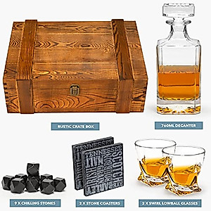 Atterstone Whiskey Decanter Crate Set for Men and Women - Whiskey Decanter, 2 Swirl Glasses, 9 Chilling Whisky Stone, 2 Coaster, Crate Pinewood Box, Gift for Holidays, Father's Day, Groomsmen, Wedding