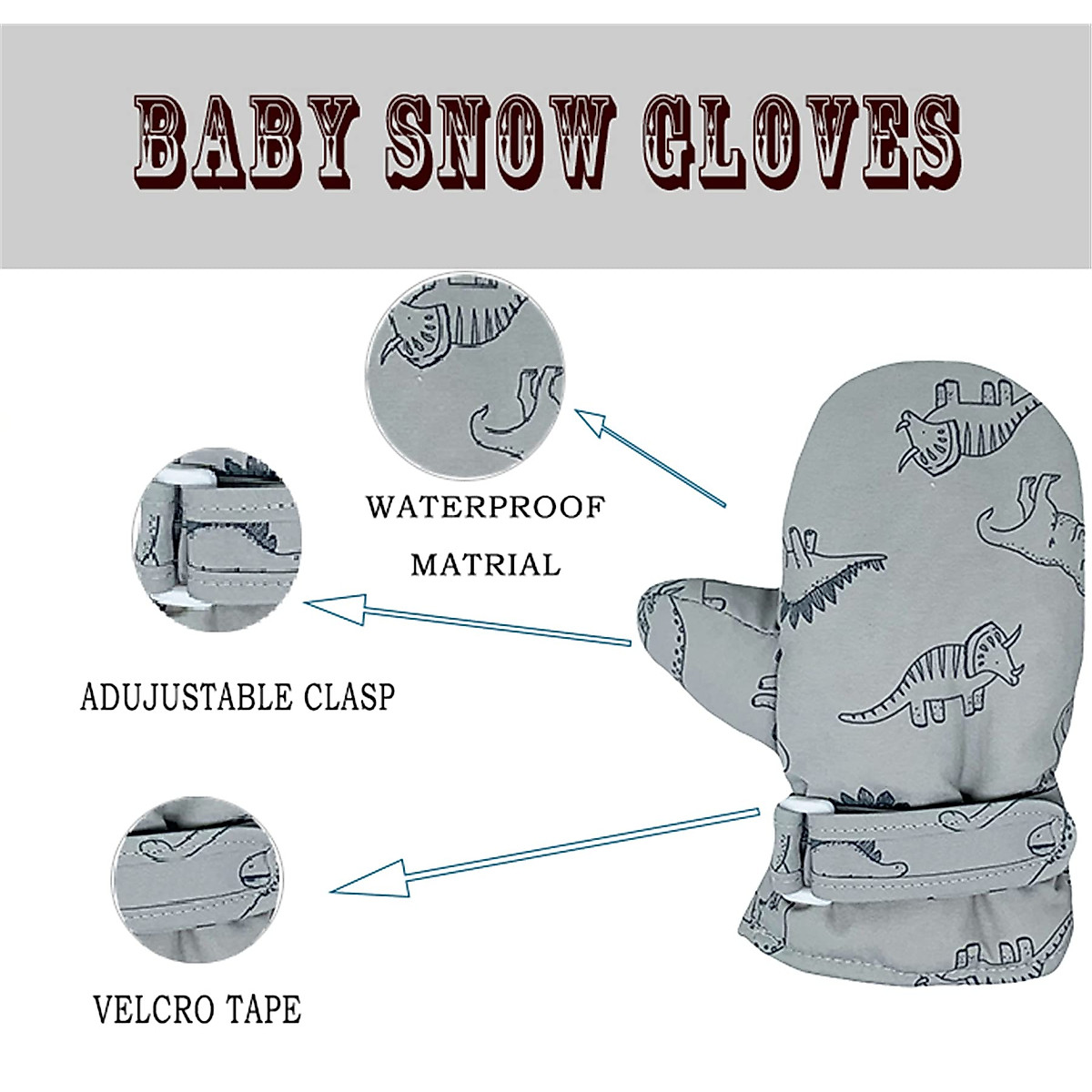 Urban Virgin Infant Baby Toddler Kids Winter Mittnes Lined Fleece Warm Waterproof Ski Snow Gloves For Boys Girls Grey Dino 6-24 Months