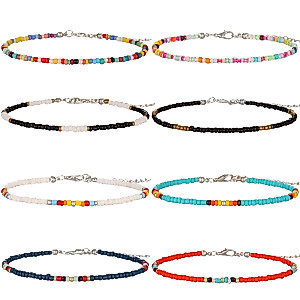 XIJIN 8Pcs Handmade Beaded Anklets for Women Boho Colorful Beads Ankle Bracelets Adjustable Foot Anklet Set