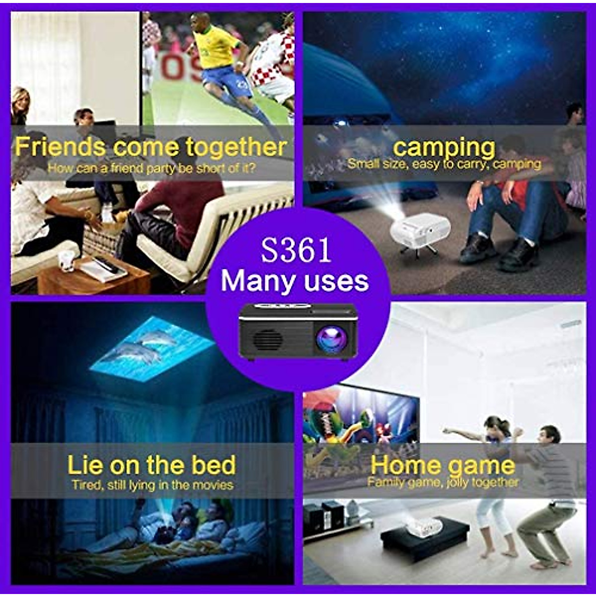 Zeta Mini HD Projector Short Throw Projector 4k 1080P AV/USB/TF/HDMI/5V-2A Portable LCD LED Beam Projector for 4:3 Screen Indoor/Outdoor