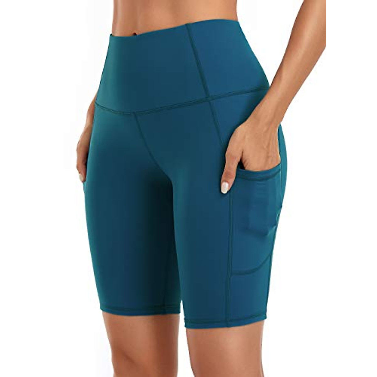 Oalka Women's Short Yoga Side Pockets High Waist Workout Running Shorts Teal L