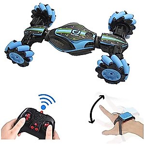 GoolRC RC Stunt Car, 4WD 2.4GHz Remote Control Car, Deformable All-Terrain Off Road Car, 360 Degree Flips Double Sided Rotating Race Car with Gesture Sensor Watch Lights Music for Kids (Blue)