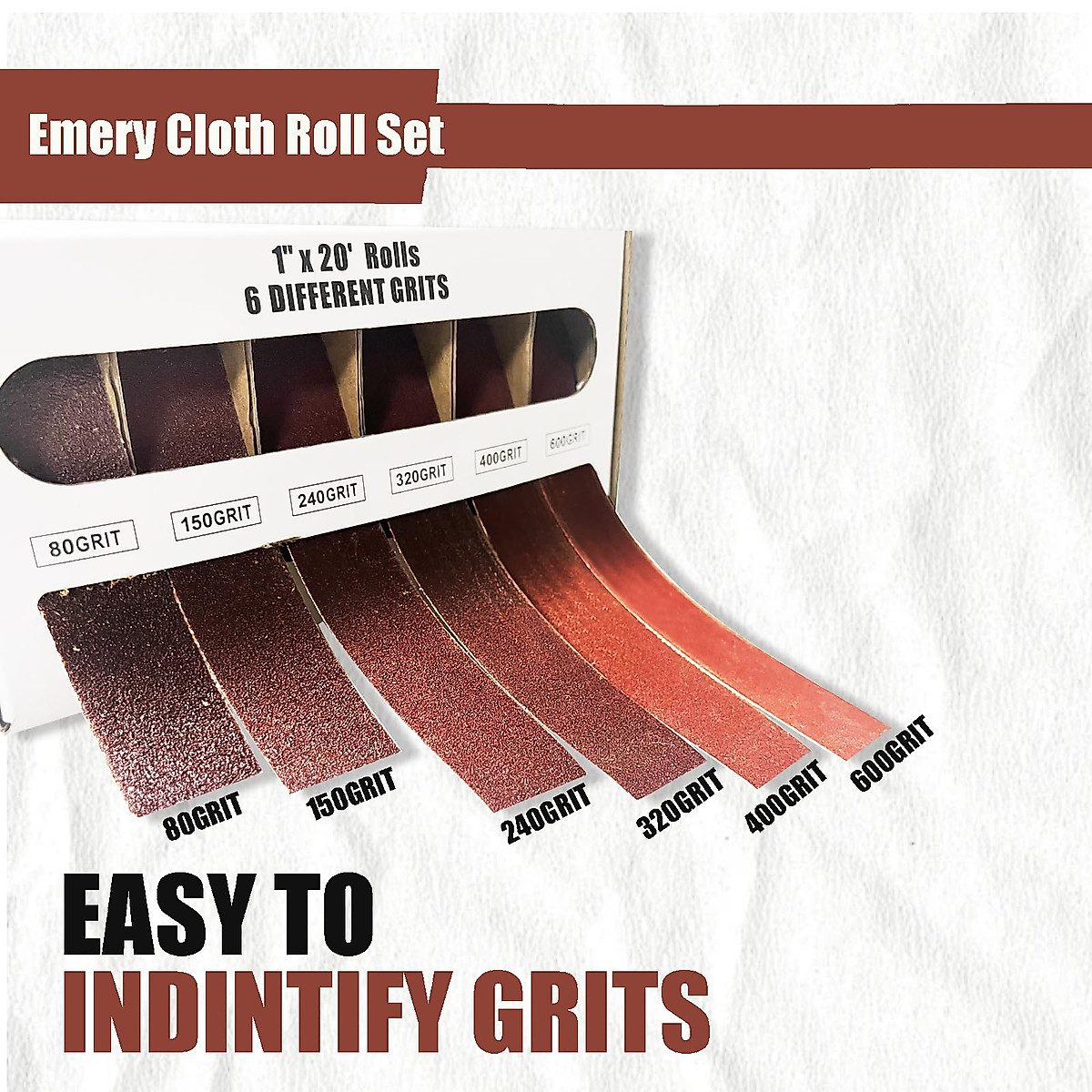 Emery Cloth Roll, 6 Grits Abrasive Sandpaper Rolls Assorted Sand Paper for Woodworking Automotive Metal Polishing, 80 150 240 320 400 600 Grits Per Roll 6 Meters