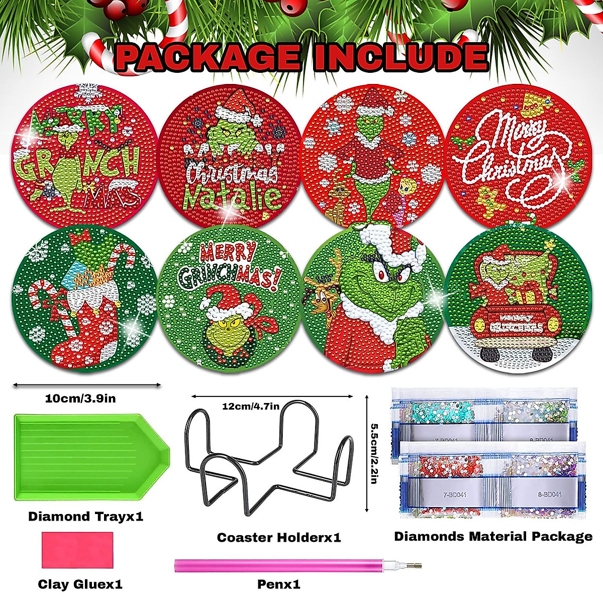 8 Pcs Christmas Diamond Painting Coasters Kit with Holder - Christmas Decoration Candy Diamond Art Coasters for Xmas Gifts, 5D DIY Christmas Cartoon Character Diamond dot Kits Coasters Craft Supplies